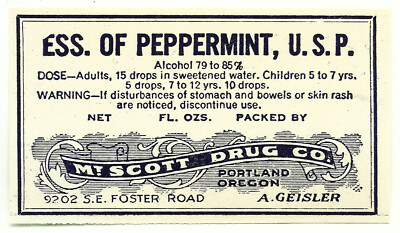 Pharmacy Label ESSENCE OF PEPPERMINT, U.S.P. MT. SCOTT DRUG CO ...
