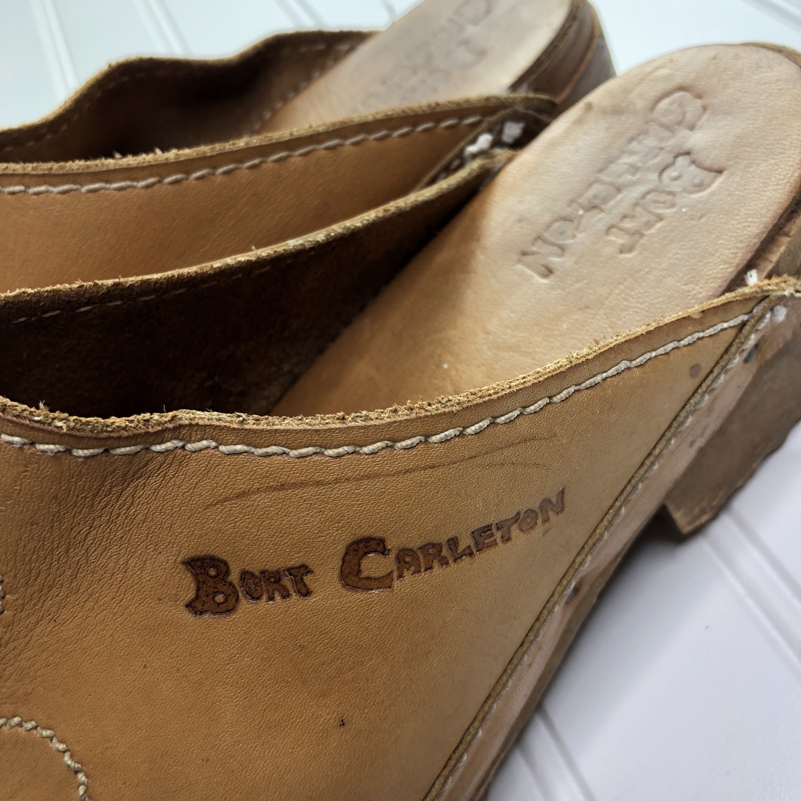 VINTAGE BORT CARLETON Womens Sz 7 Saddle Leather Brown Clogs Mule Shoes ...