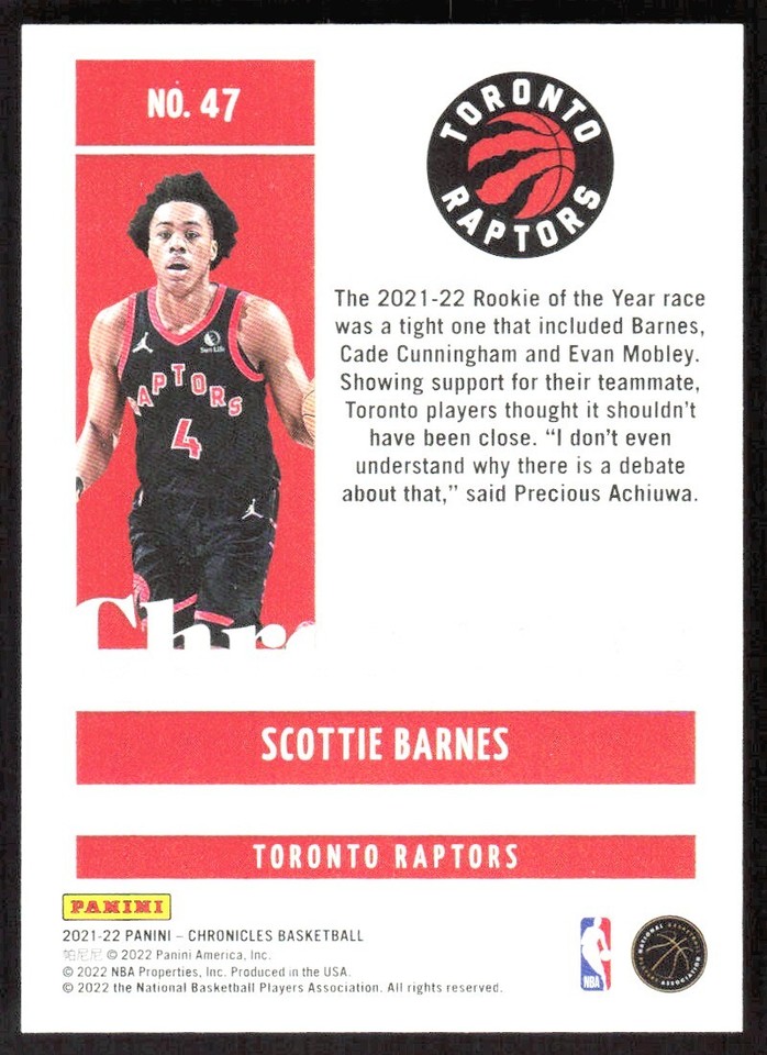 2021-22 4908A Panini Chronicles Scottie Barnes Rookie Toronto Raptors ...