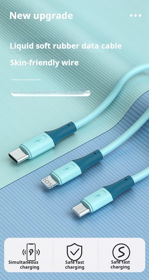 3 in 1 Fast Charging Cable Cell Phone Charger Cord For iPhone Type C ...