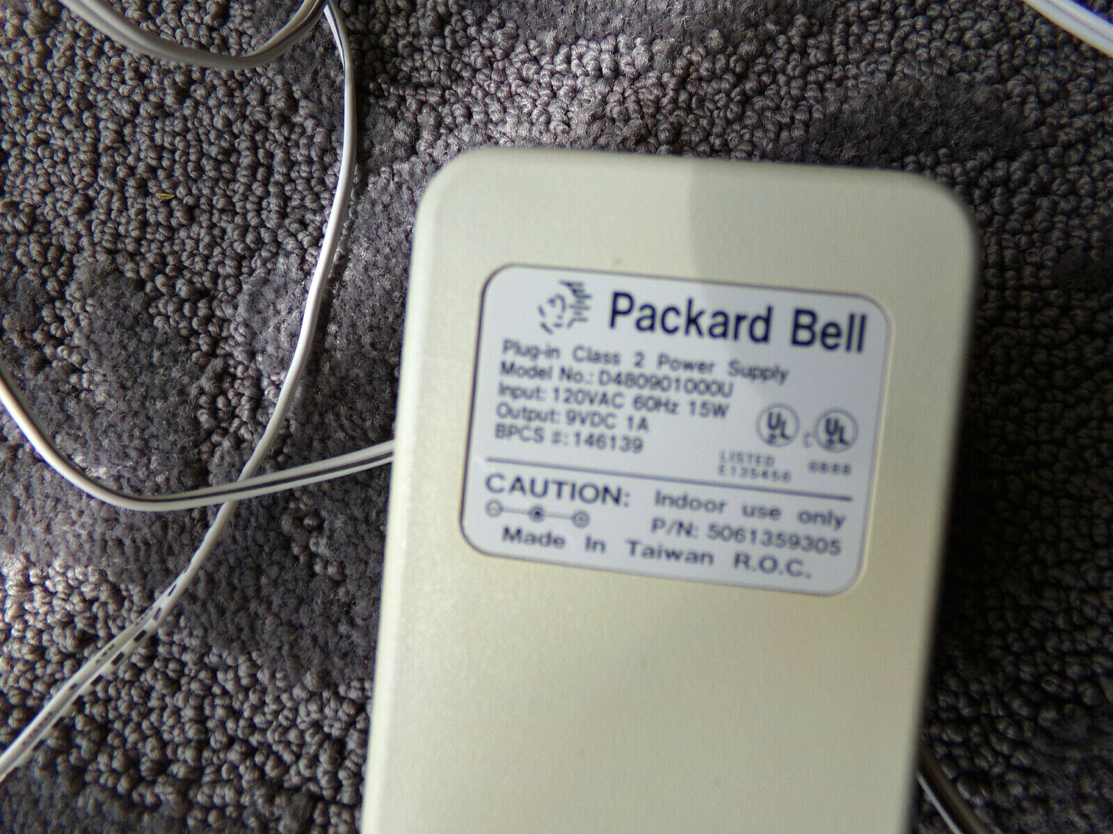 Genuine Packard Bell Plug In Class 2 Power Supply 9VDC D480901000U Cord ...