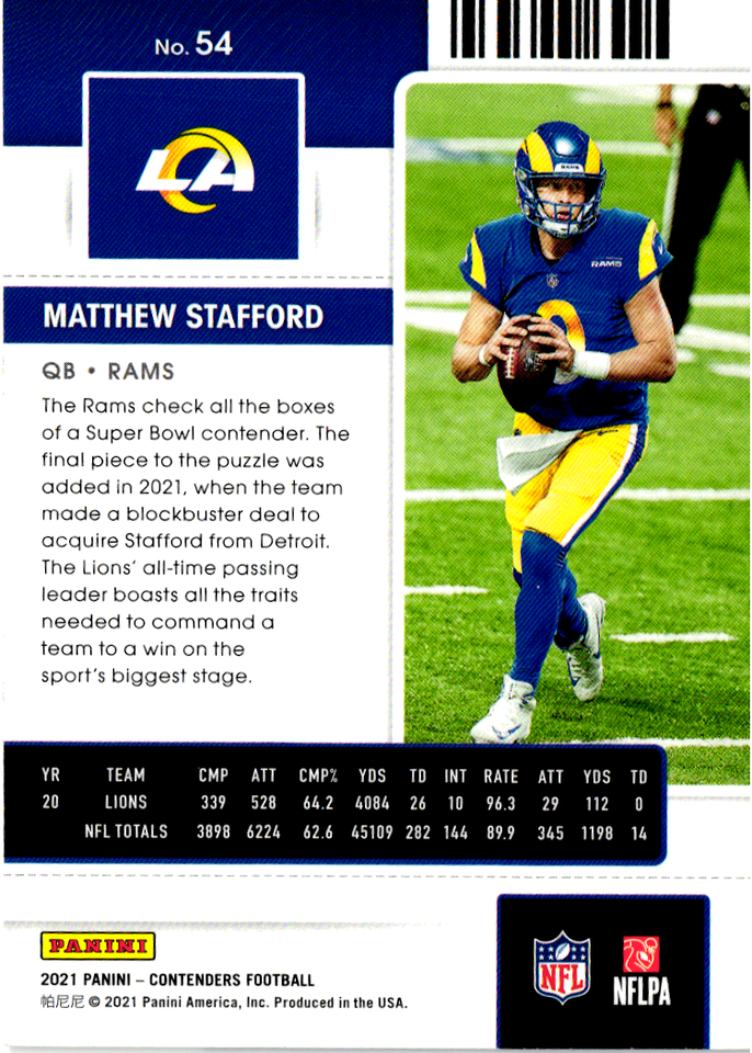 2021 Panini Contenders Matthew Stafford Football Card #54 Los Angeles ...