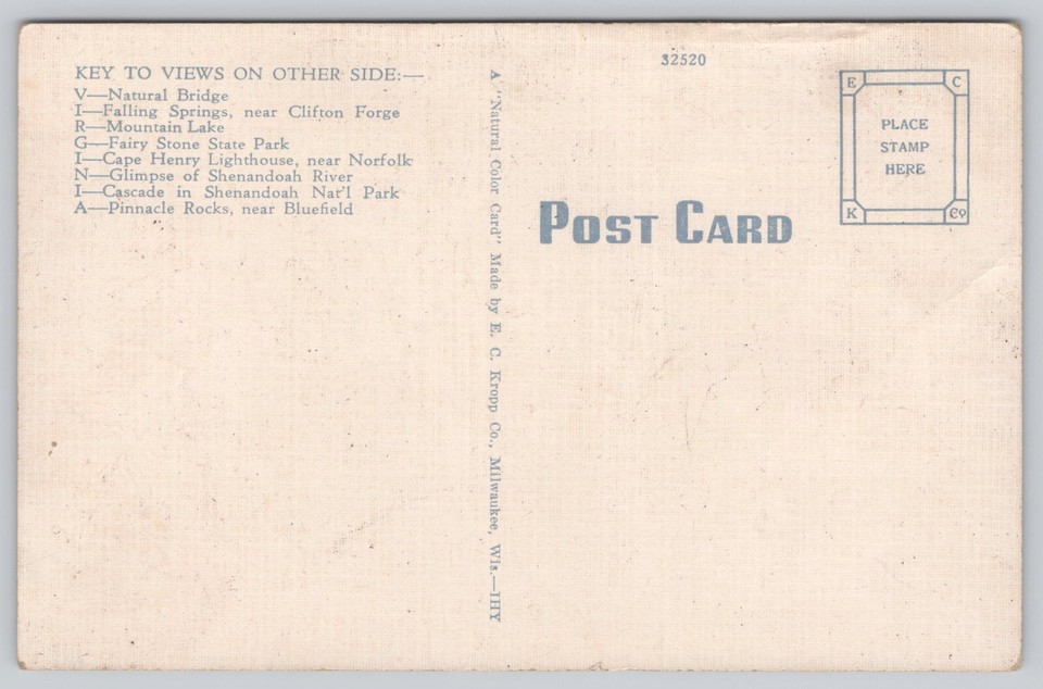 VIRGINIA Large Letter OLD DOMINION STATE KROPP Linen Vintage UNP ...