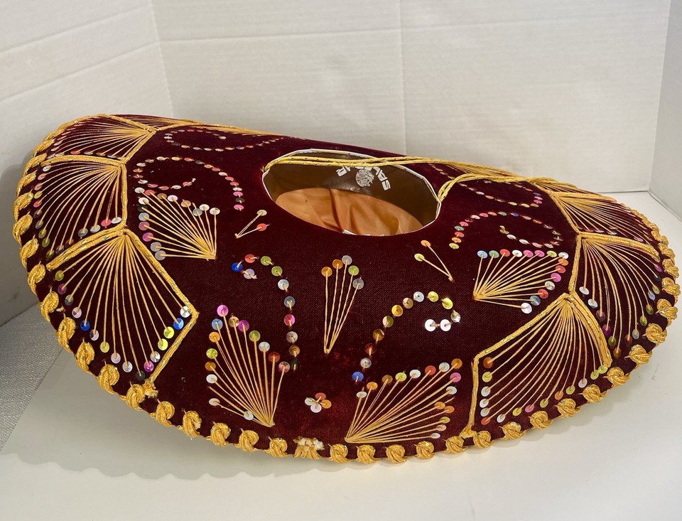23” Authentic Vintage Mexican Sombrero Salazar Burgundy/Gold Sequin ...