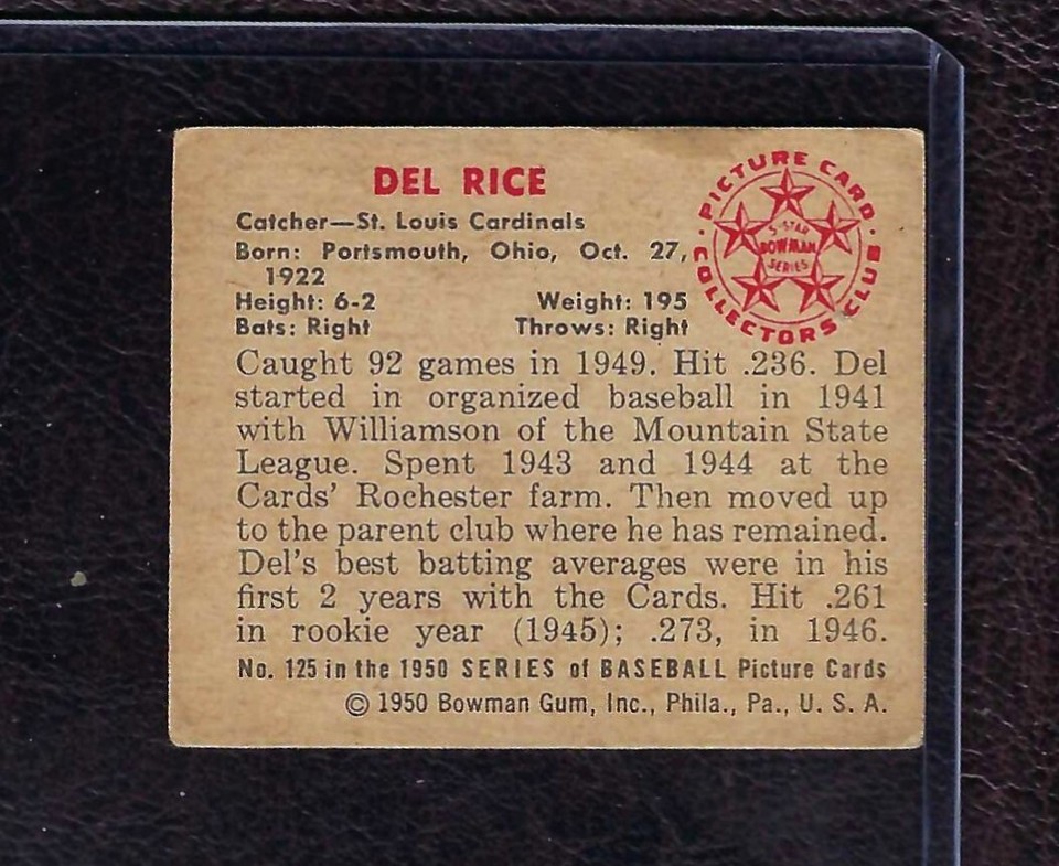 1950 Bowman Baseball Card #125 Del Rice, St. Louis Cardinals, VG-EX! | eBay