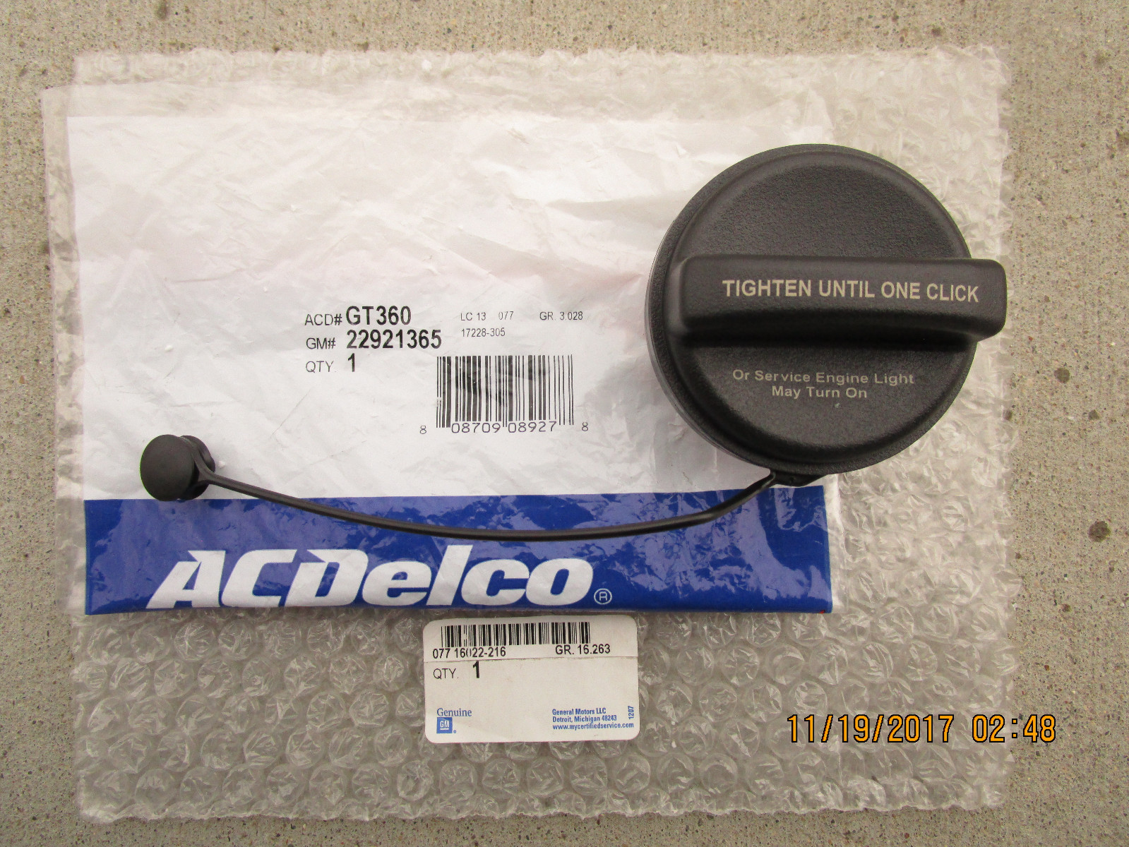 GM 22921365 ACDELCO GT360 GT-360 FUEL GAS TANK FILLER CAP WITH TETHER ...