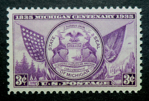775 MNH 1935 3c Michigan State Centenary seal flags Soo Canal mining ...
