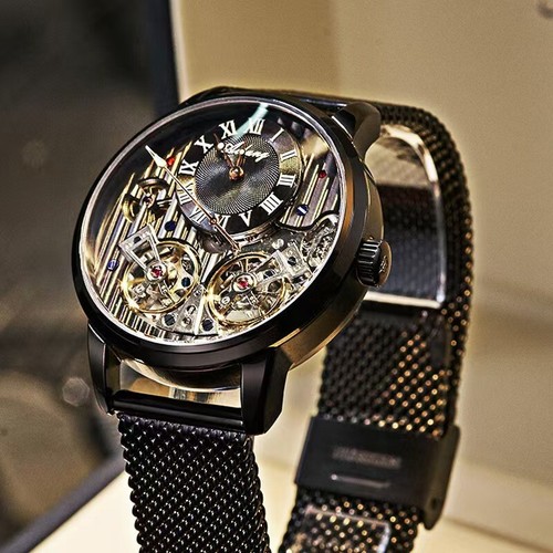 Mens Double Flywheel Luxury Bling Skeleton Automatic Mechanical Watch ...