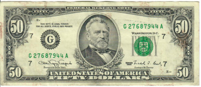1990 50$ FRN - Small portrait w/ security thread - KDO/JAB G27687944A ...