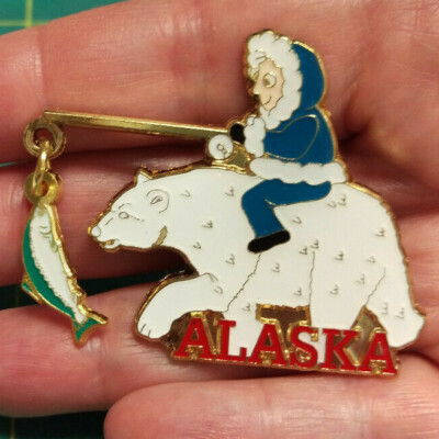 Alaska Magnet Eskimo riding polar bear w/ dangle fish Metal, unique ...