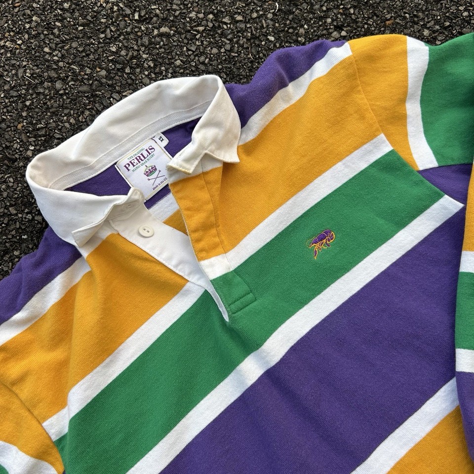 Vintage Crawfish Perlis Mardi Gras Rugby Shirt XS Mens Striped Long ...