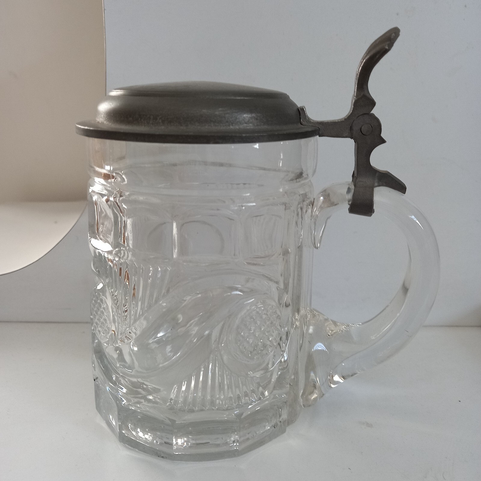 German Glass Pewter Beer Mug Stein Vintage Lid Decorated Brand/Prost ...