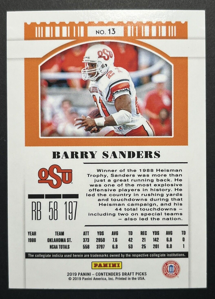 2019 Panini Contenders Draft Picks BARRY SANDERS Oklahoma State Cowboys ...