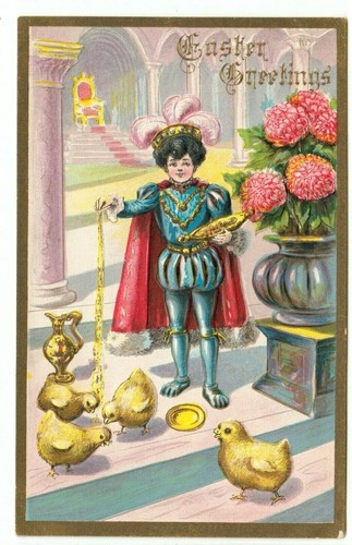 Antique Easter Postcard Little Prince Knight Child Chicks Castle Throne ...