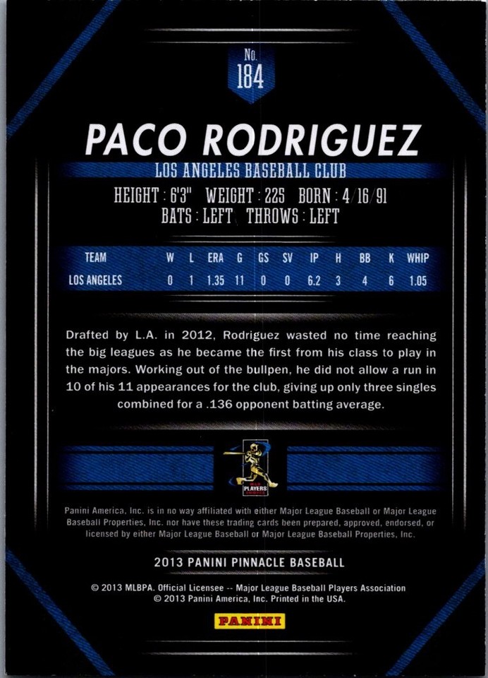 2013 Pinnacle Artists Proof #184 Paco Rodriguez RC Los Angeles Dodgers ...