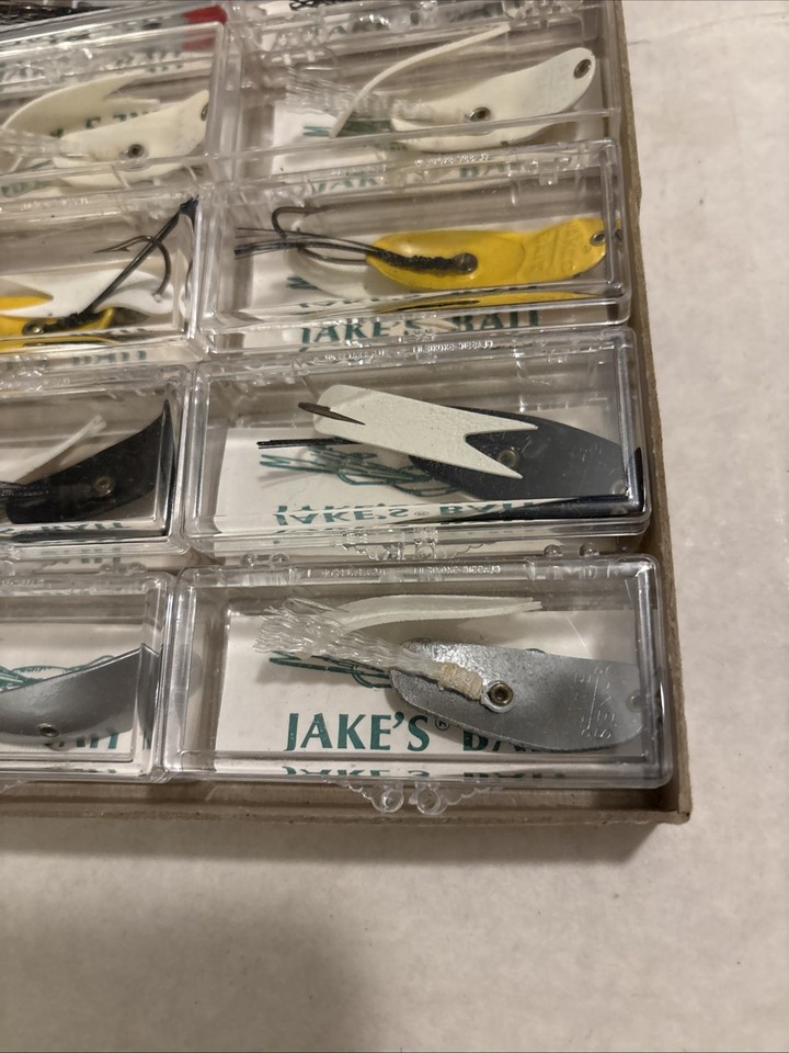 Vintage Lot of 12 Jake’s Bait Metal Spoon Fishing Lures in original box ...