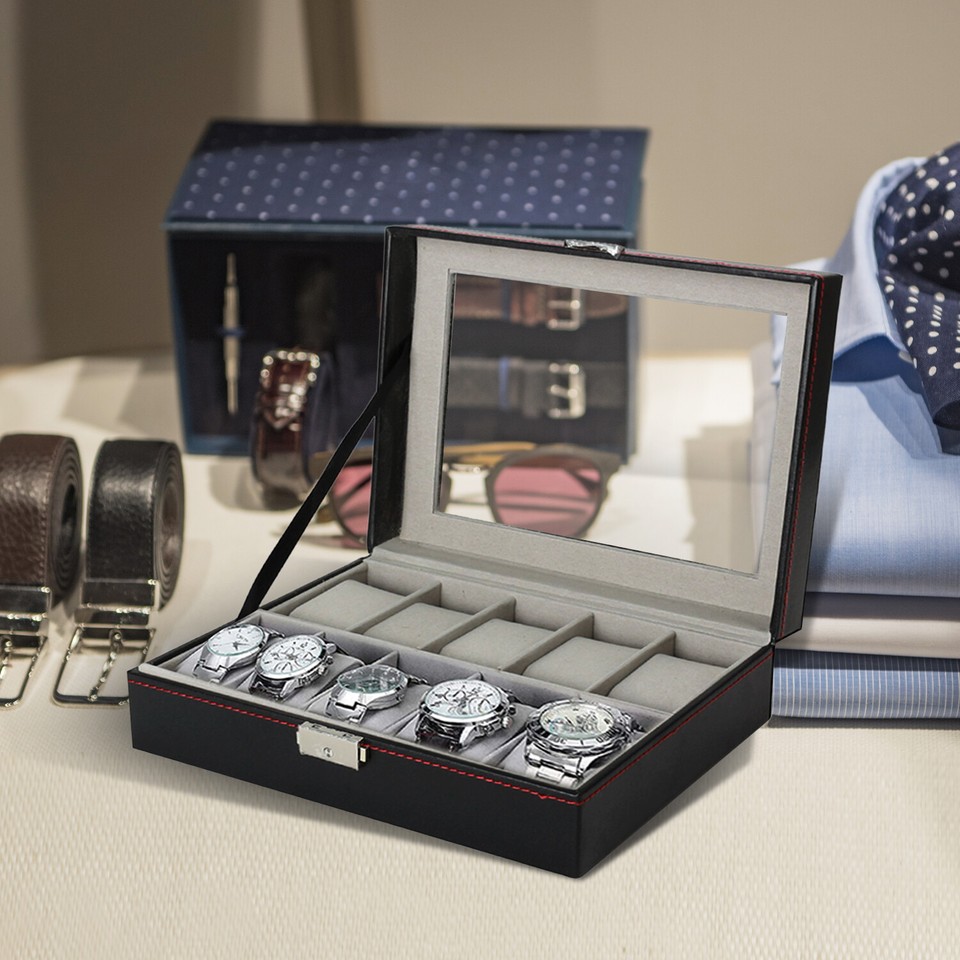 Watch Display Grid Box Lockable Case Faux Leather Jewellry Storage ...