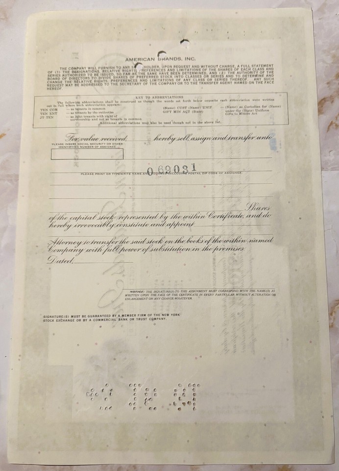 Vintage 1970s American Brands Inc. Stock Certificate, Tobacco Americana ...