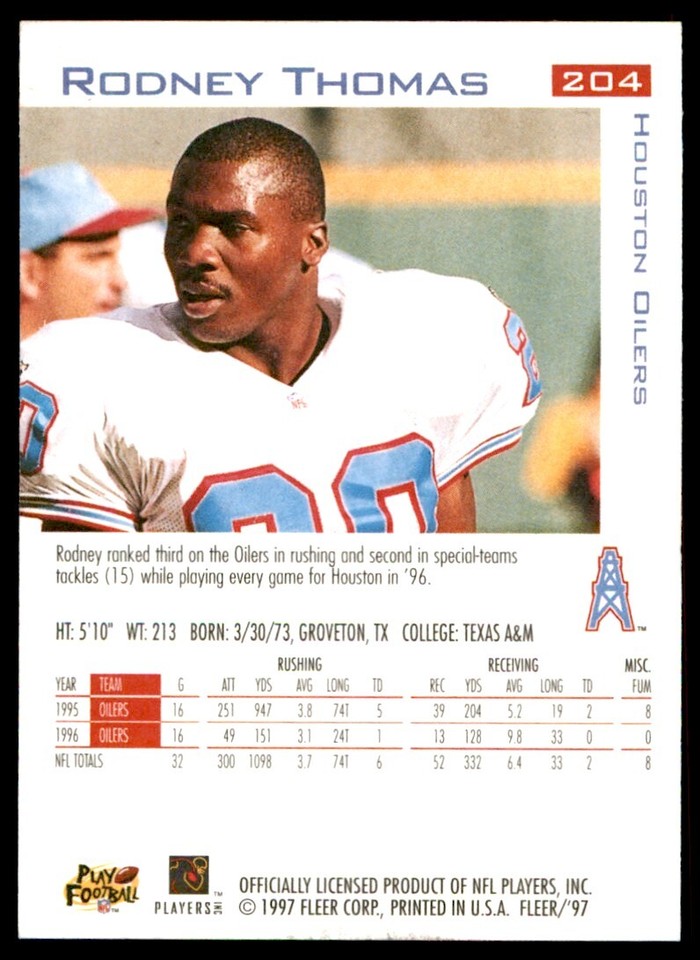 1997 Fleer Rodney Thomas Houston Oilers #204 | eBay