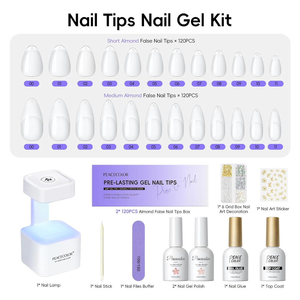 Gel Nail Kit, 240Pcs Short Medium Almond Nail Tips with U V Light 2PC ...