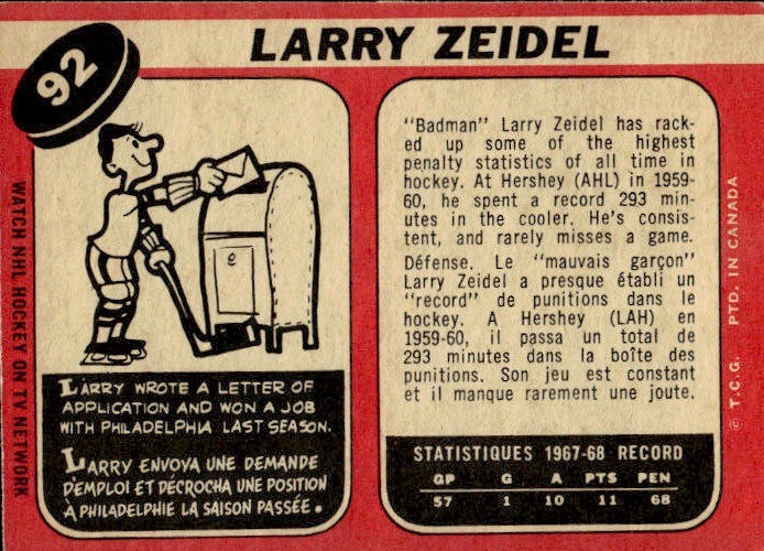 1968-69 O-Pee-Chee SET BREAK #92 Larry Zeidel Crease | eBay
