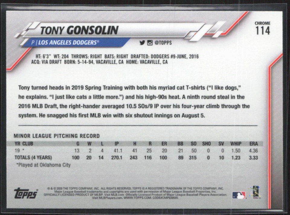 2020 Topps Chrome Tony Gonsolin #114 RC Rookie | eBay