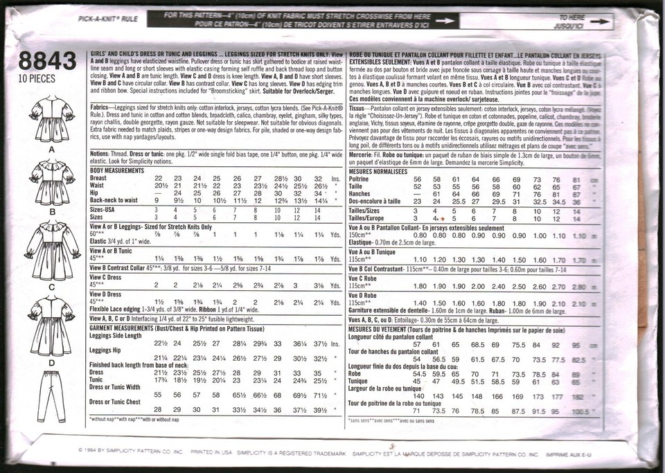 8843 Vintage Simplicity Sewing Pattern 1990s Girls Dress Tunic Leggings ...