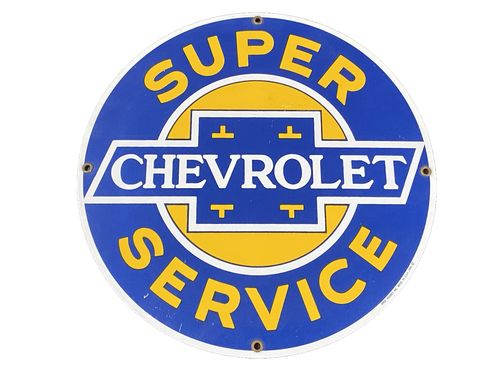 SUPER CHEVROLET SERVICE 11.25" Porcelain Gas Station Sign 1986 Ande ...