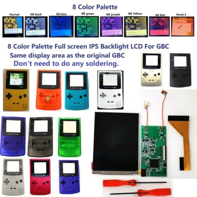 Full Size 8 Colorful Backlight LCD For Game Boy Color + Pre-cut Shell ...