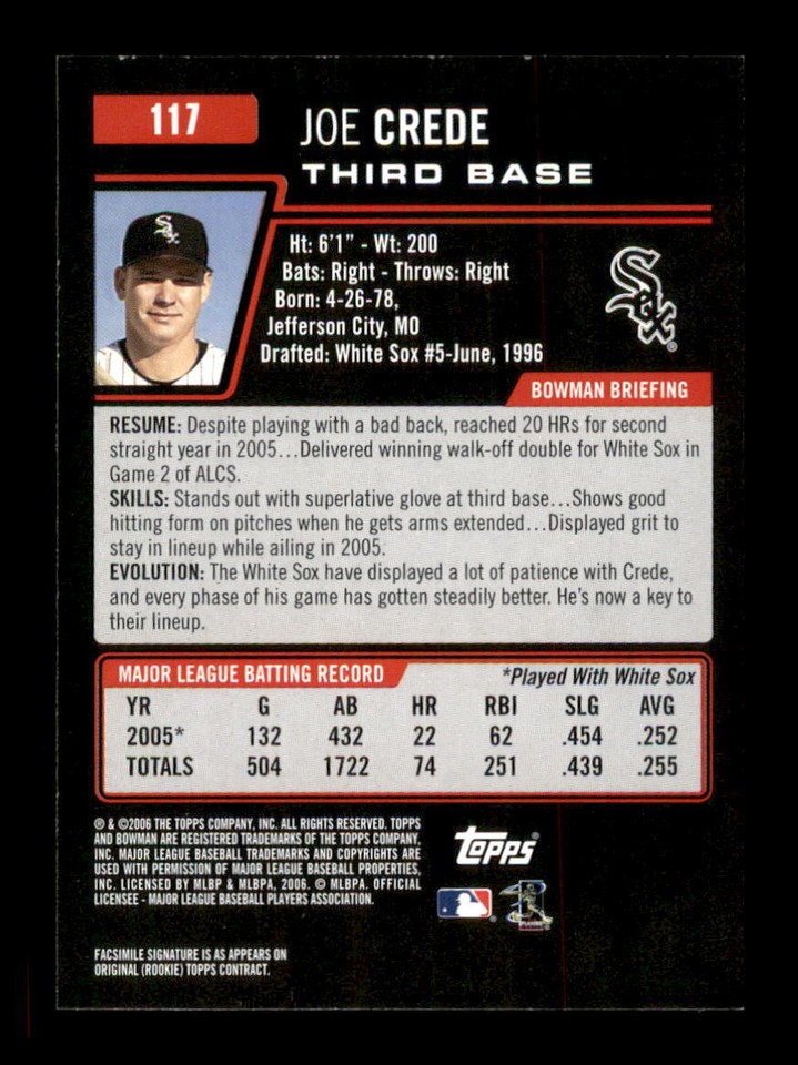 2006 Baseball Bowman Joe Crede Chicago White Sox #117 | eBay