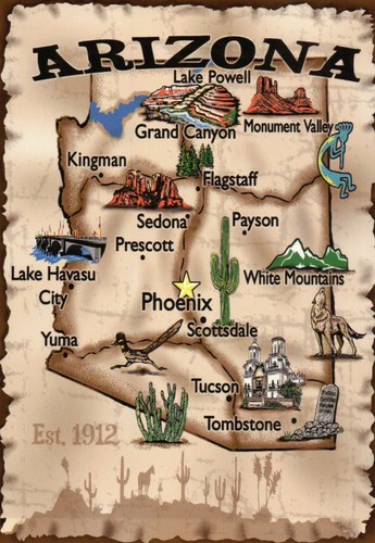 Arizona, Phoenix, Tucson, Flagstaff, Sedona, Grand Canyon etc State Map ...