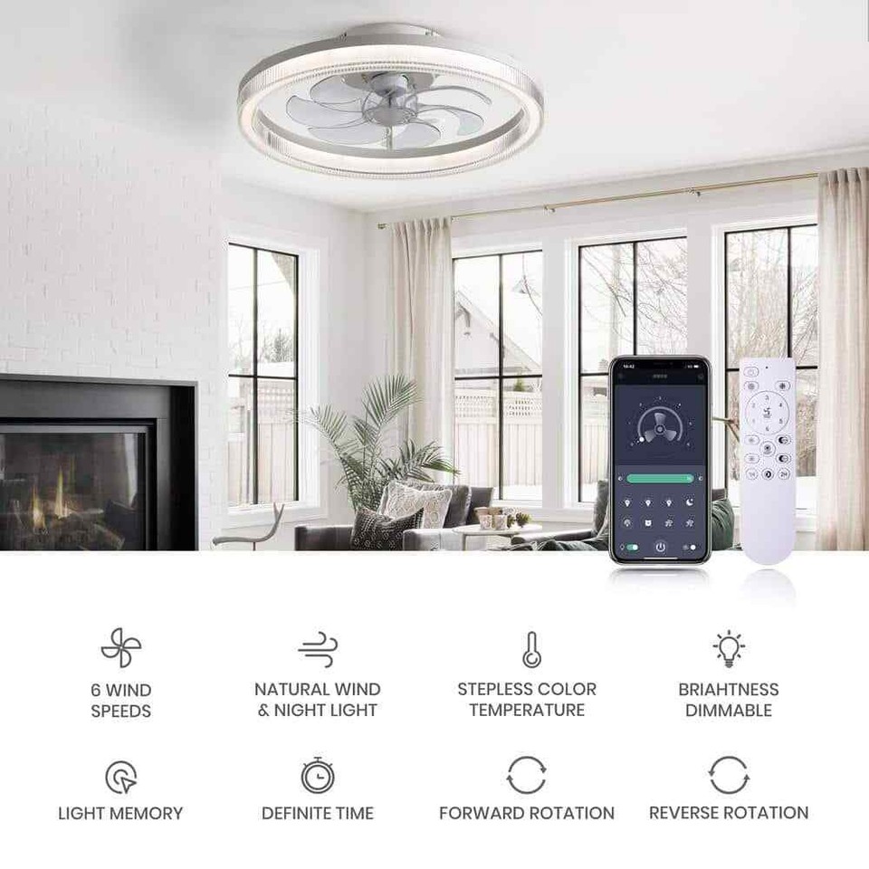 FANNEHONNE 20 in. LED Indoor White Flush Mount Ceiling Fan w/ Light and ...