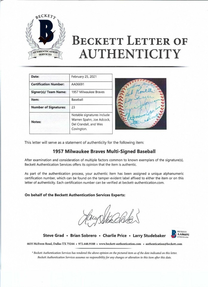 1957 Milwaukee Braves World Series Champs Team Signed Baseball Beckett ...