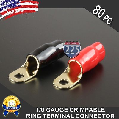 0 Gauge Gold Ring Terminal 80 Pack 1/0 AWG Wire Crimp Red Black Boots 5 ...