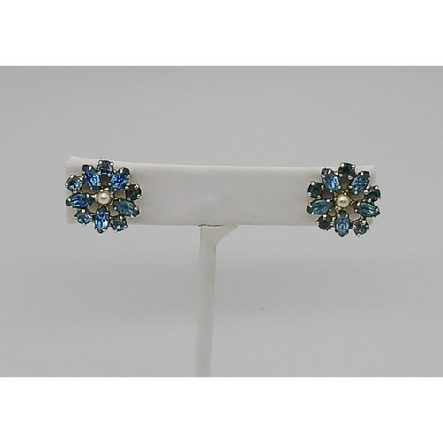 B David Signed Clip On Earrings Prong Set Blue Rhinestones Faux Pearl ...