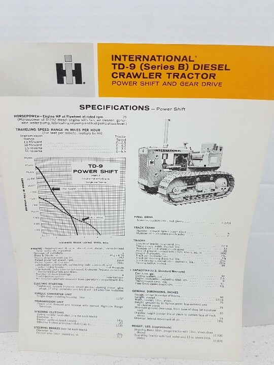 INTERNATIONAL HARVESTER TD-9 CRAWLER TRACTOR DEALER SALES SHEET ...