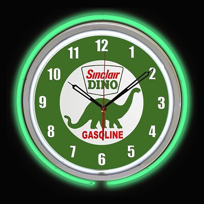 15" Sinclair Dinosaur Dino Sign Green Double Neon Clock | eBay
