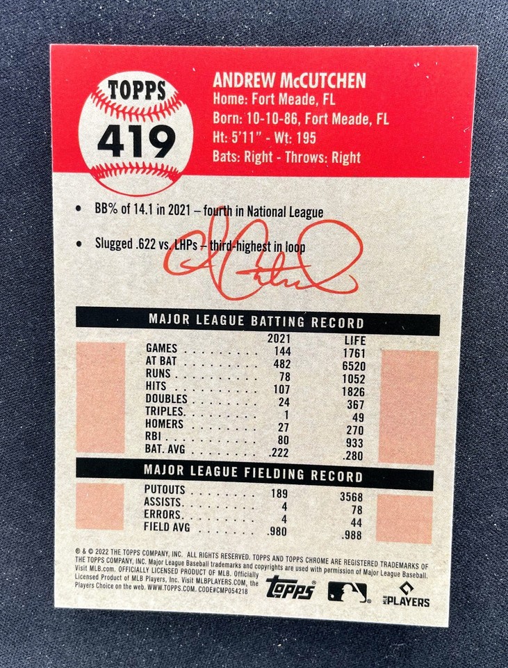 2022 Topps Chrome PLATINUM #419 ⭐️ ANDREW McCUTCHEN ⭐ BLUE PRISM ...