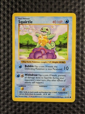 Shadowless Squirtle 63/102 Pokemon TCG Base Set 1999 - NM / EX | eBay