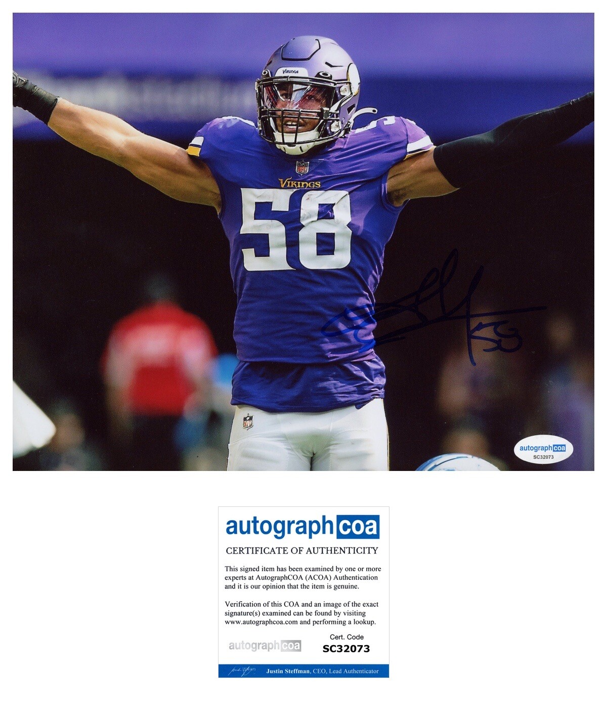 Jordan Hicks Minnesota Vikings NFL LB Signed Autograph 8x10 Photo ACOA ...
