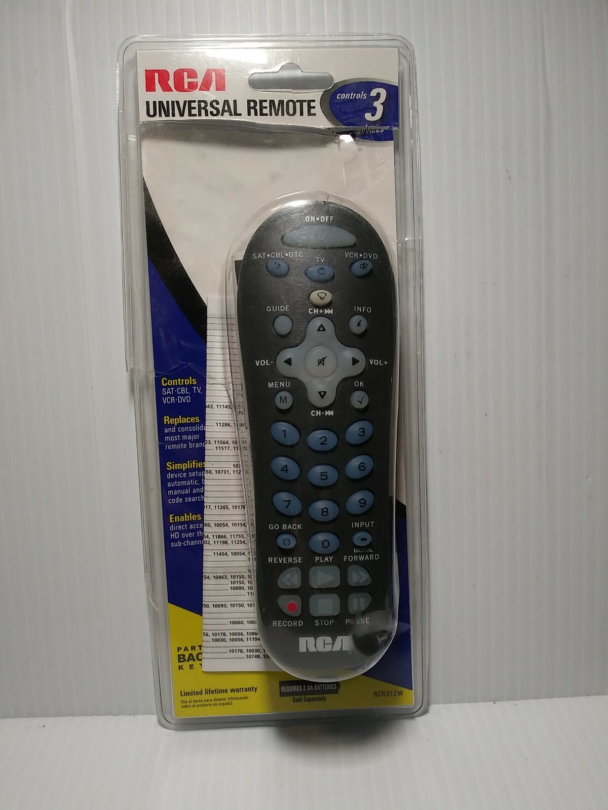 RCA Universal Remote RCR312W Controls 3 DevicesPartially Backlit Keypad ...
