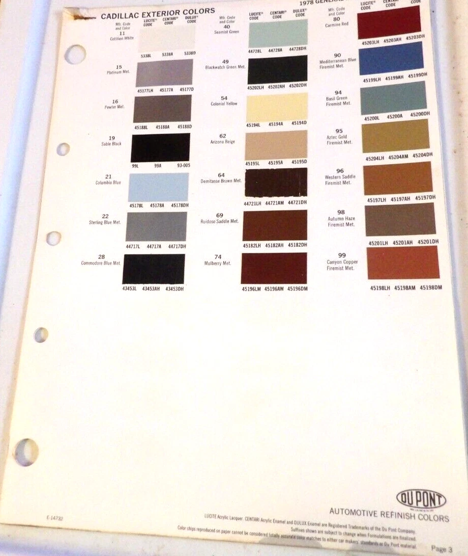 Cadillac Paint Color Chart