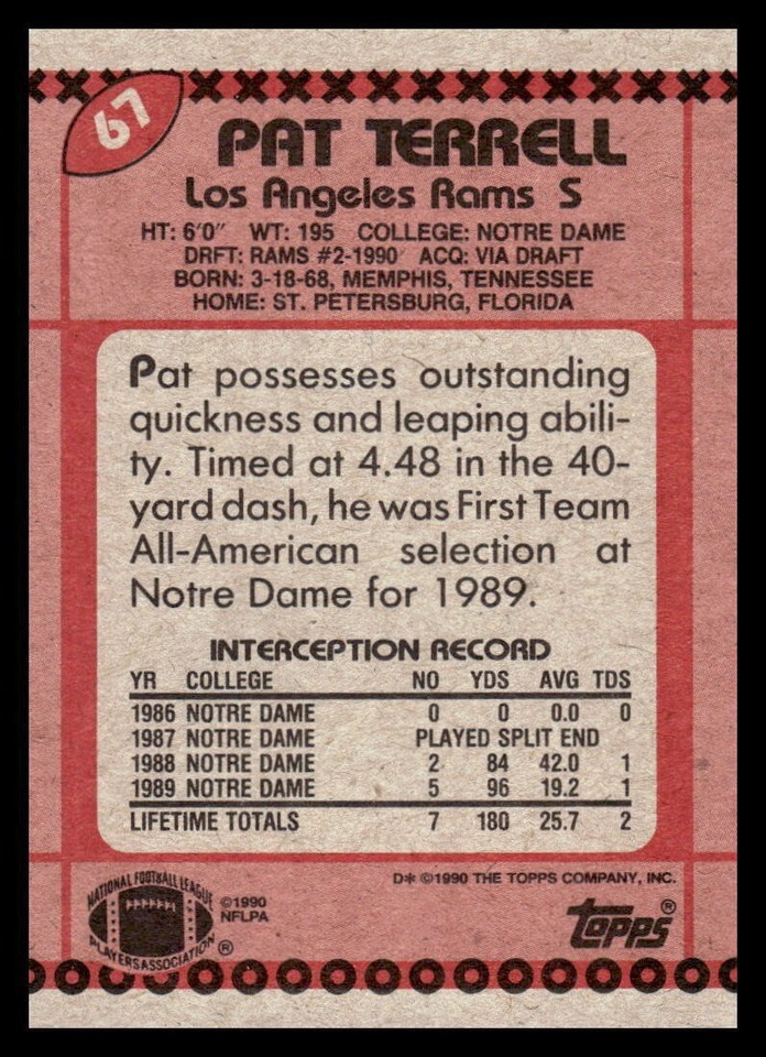 1990 TOPPS NFL Football ROOKIE Trading Card #67 🏈 PAT TERRELL, Los ...