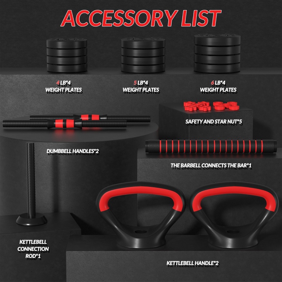 60LB 4-in-1 Portable Changeable Dumbbell, Barbell, and Kettlebell Set ...