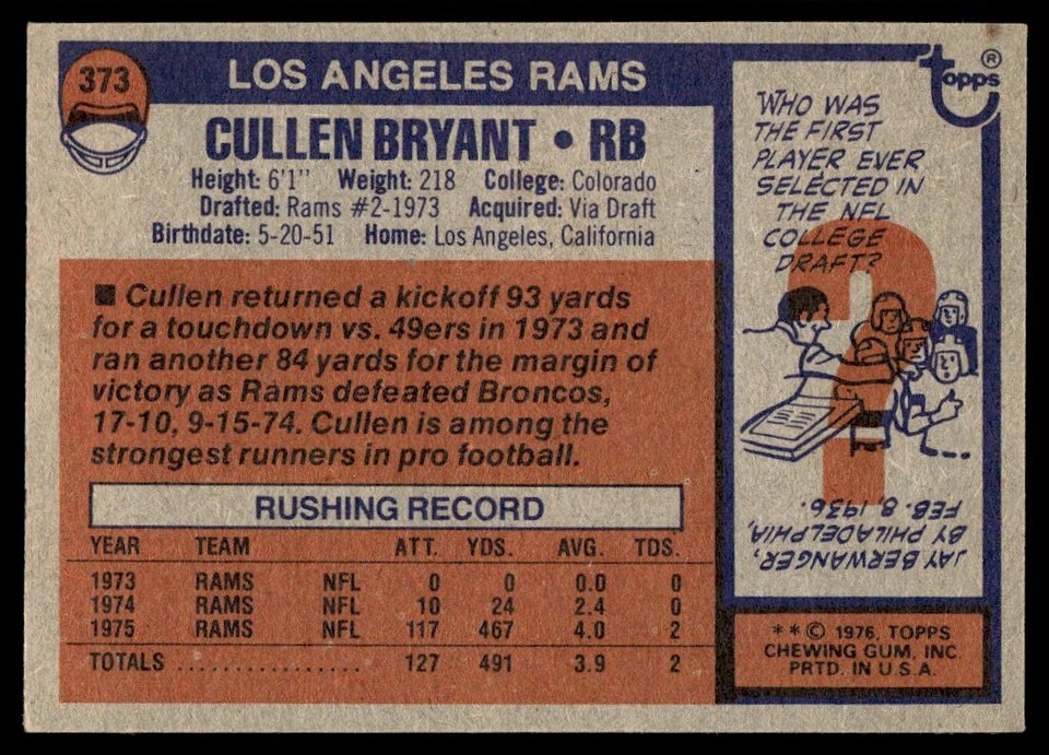 1976 Topps Football Cullen Bryant RC Los Angeles Rams #373 Card EX-MT+ ...