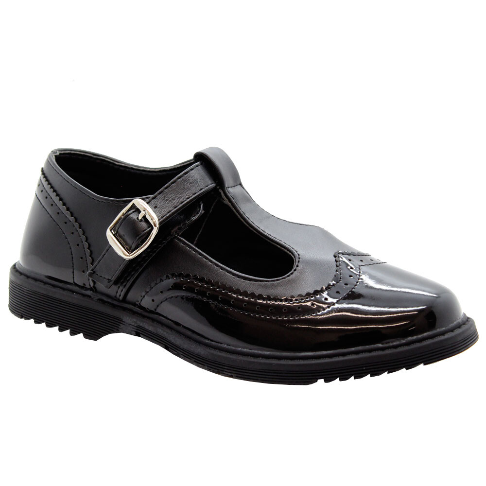 GIRLS SCHOOL SHOES INFANT KIDS BUCKLE STRAP T BAR BROGUE BOW FORMAL ...