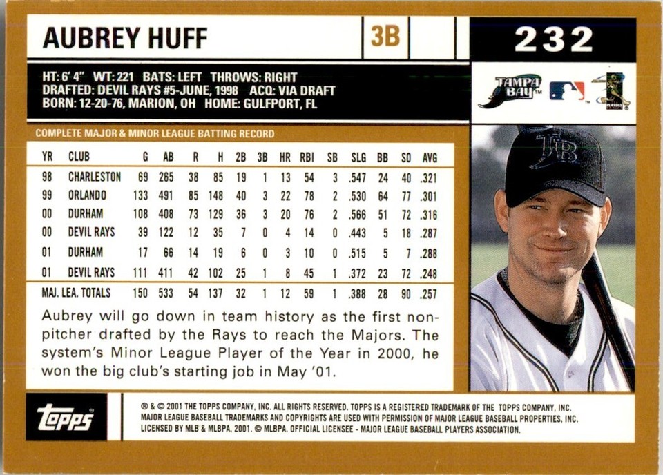 2002 Topps Aubrey Huff Tampa Bay Devil Rays #232 MLB Baseball Sports ...