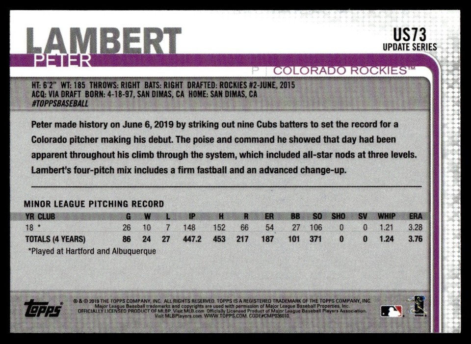 2019 Topps Update Baseball Card Peter Lambert RC Colorado Rockies #US73 ...