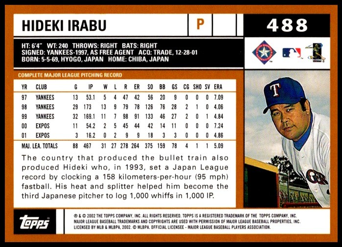 2002 Hideki Irabu Topps BASEBALL #488 Texas Rangers | eBay