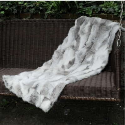 Real Rabbit FUR Throw Blanket Patchwork Skin Fur Rug Pelz Leather Pelt ...